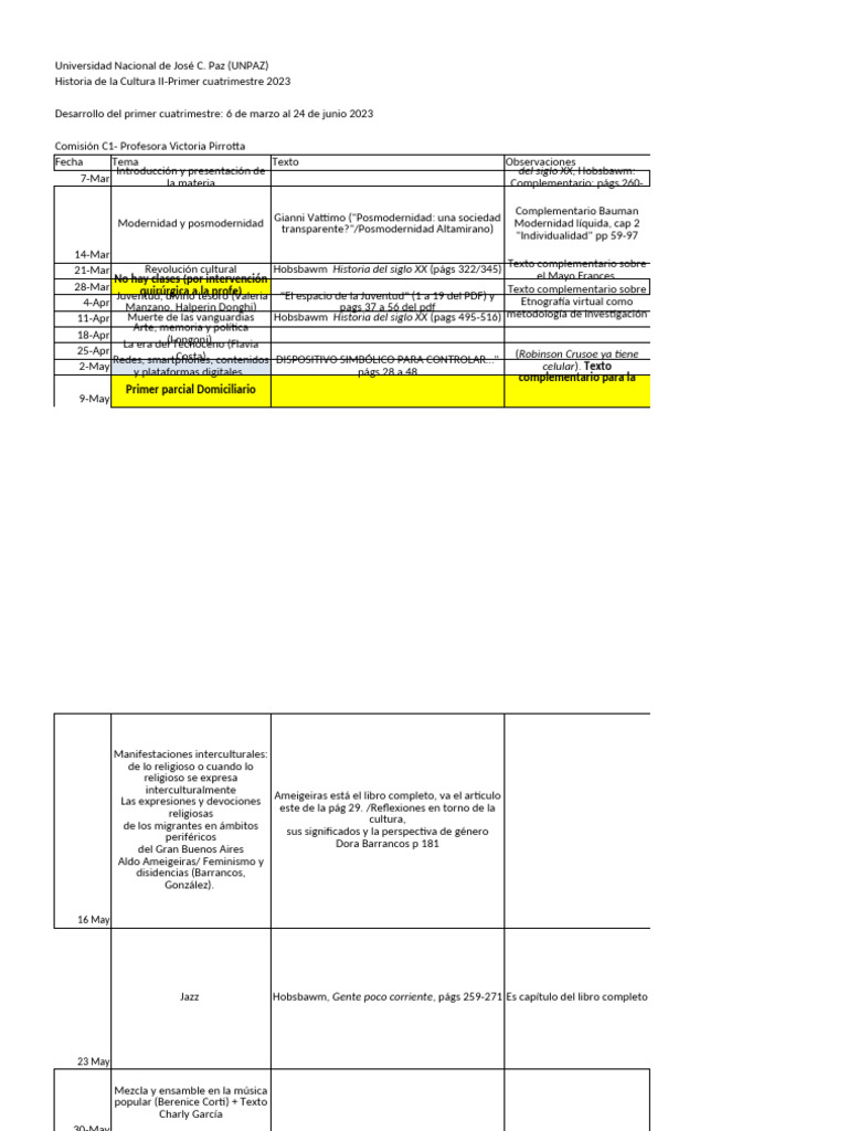 Cronograma UNPAZ 2023 HC2 - Primer Semestre C1 | PDF