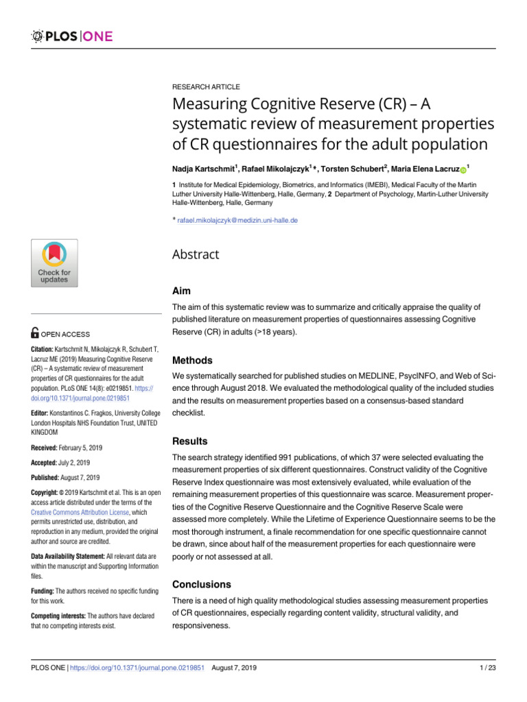 Measuring Cognitive Reserve (CR) - A Systematic Review of Measurement ...