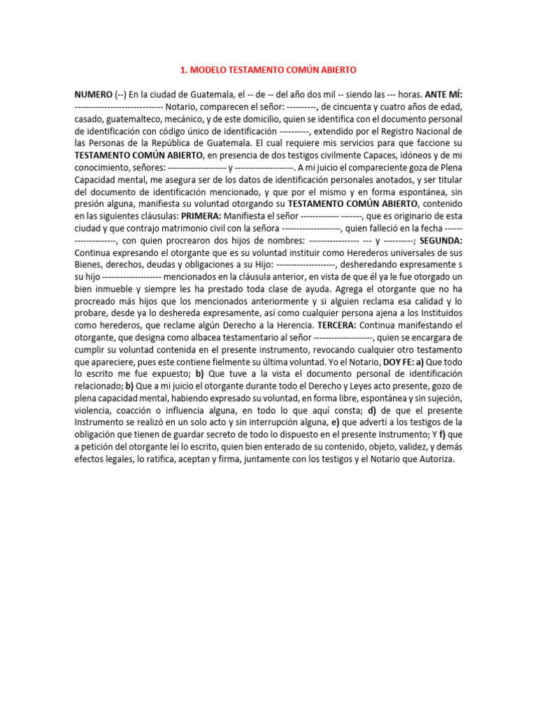 Modelo de Testamento Común Abierto | PDF | Herencia | Voluntad y testamento