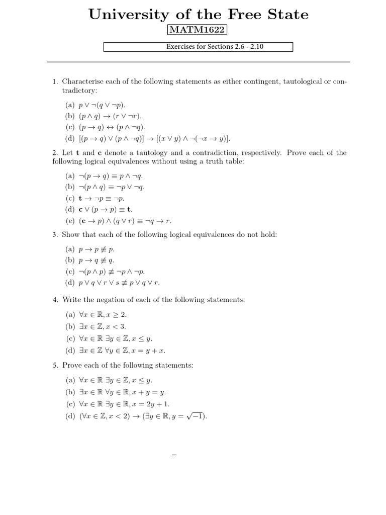 MATM1622 EXERCISES Chapter 2 Logic Sections 2.6 - 2.10 | PDF