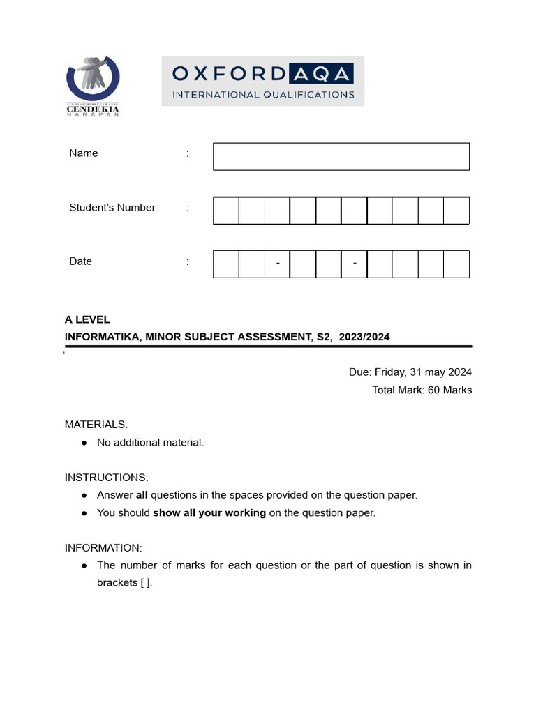 Informatika A Level Minor Subject Assessment QP | PDF