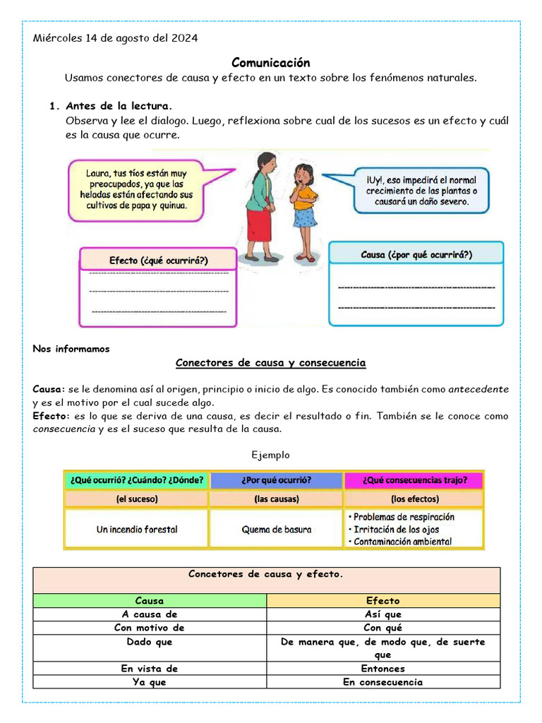 14 Agosto Comunicacion Ficha Conectores de Causa y Efecto en Un Texto ...