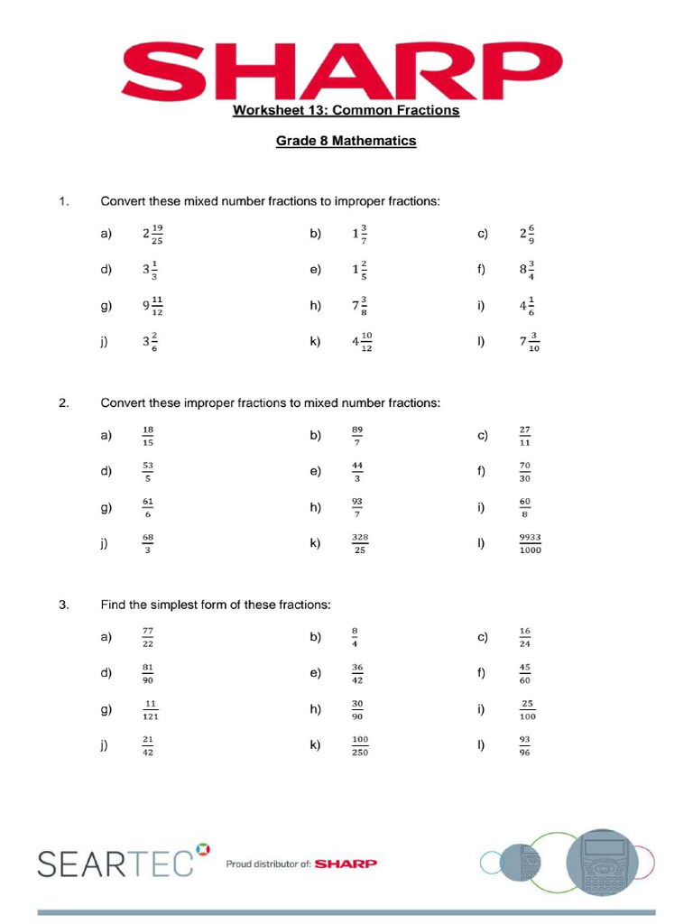 Worksheet_13_-_Common_Fractions_Grade_8 (1) | PDF