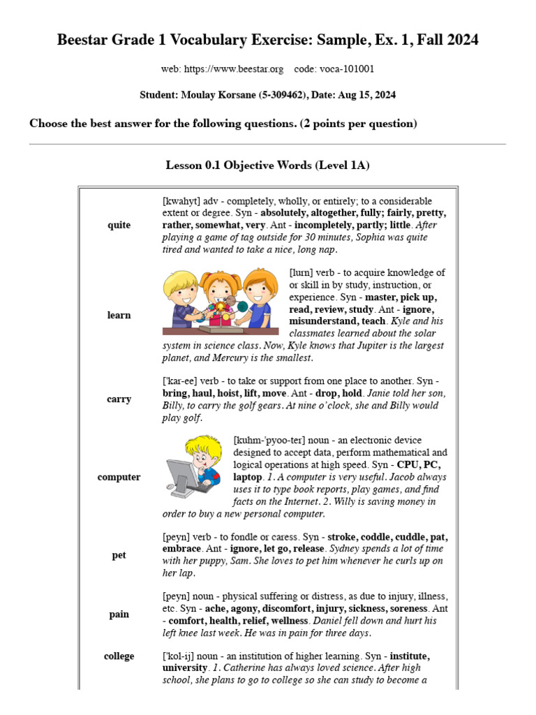 Beestar Exercise Vocabulary 1 | PDF