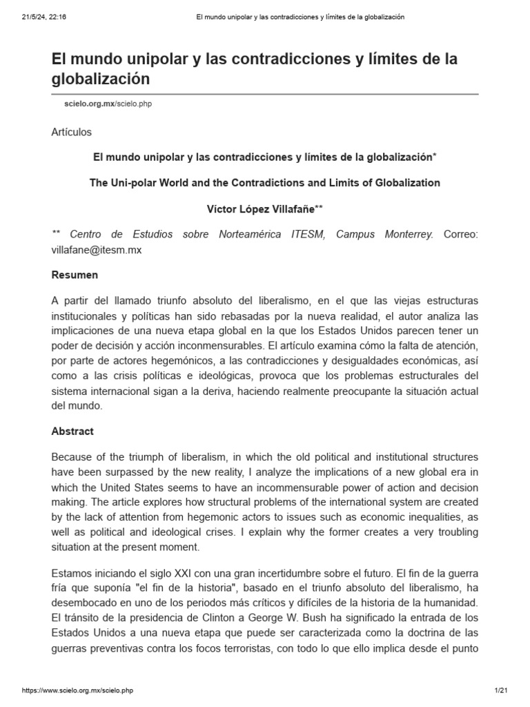 El Mundo Unipolar y Las Contradicciones y Límites de La Globalización | PDF
