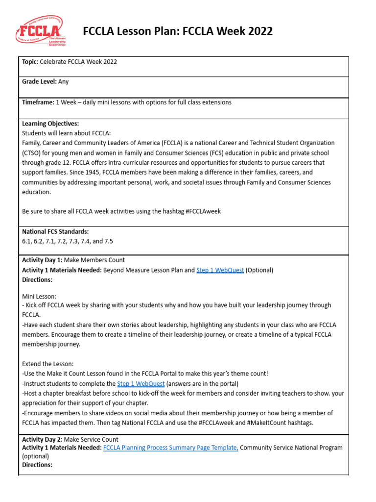 FCCLA Week Lesson Plan 2022 | PDF | Lesson Plan | Teaching