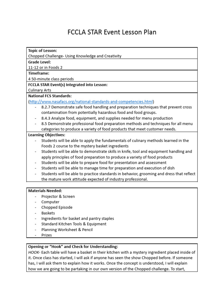 FCCLA STAR Event Lesson Plan | PDF