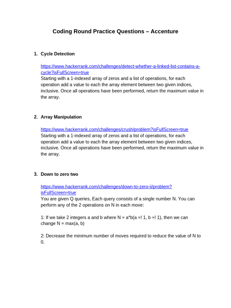 Coding Round Practice Questions For Accenture | PDF
