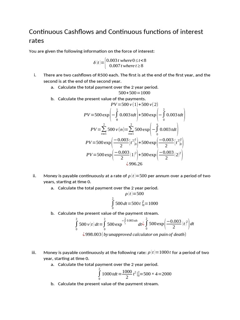 Continuous Cashflows and Continuous Functions of Interest Rates | PDF Continuous Cashflows and Continuous Functions of Interest Rates | PDF