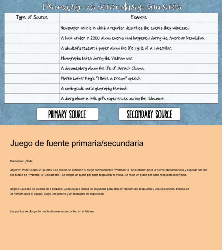 Primary vs Secondary Sources Sorting and Game (1) | PDF