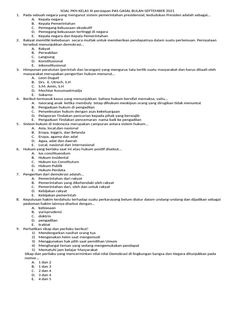 Kisi-Kisi Soal PPKN Kelas XI | PDF