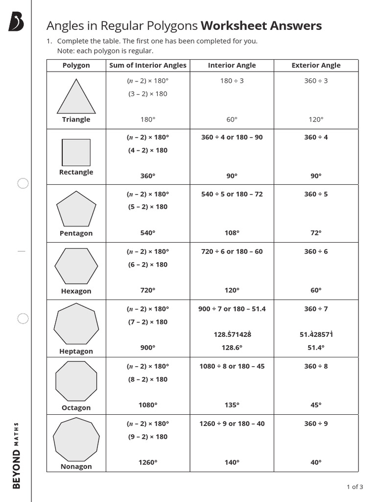 Angles in Regular Polygons Worksheet Answers | PDF