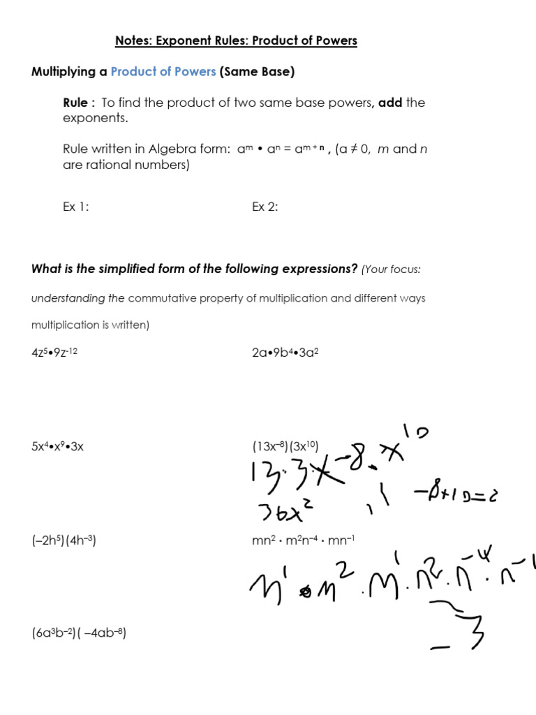 Notes Exponent Rules Product of a Power | PDF