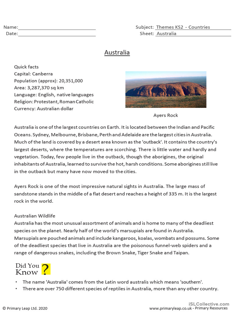 Reading Comprehension - Australia | PDF