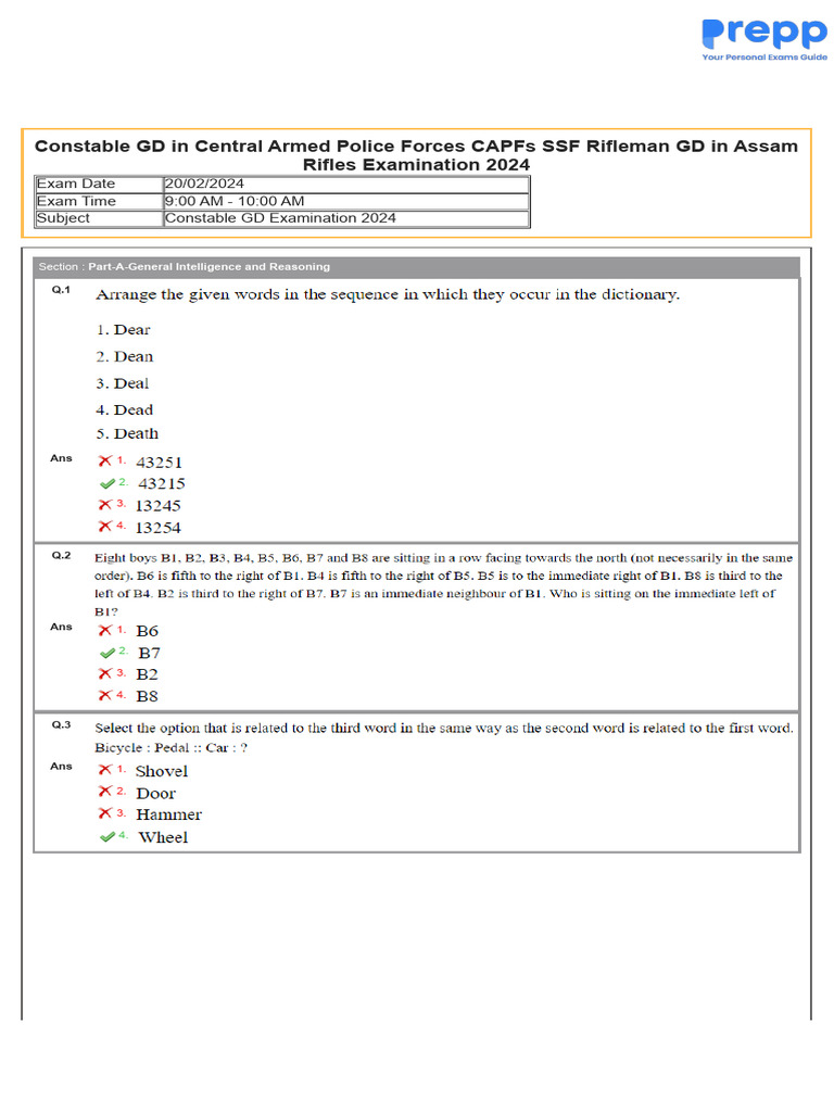 SSC GD Constable 2024 Official Paper Held On 20 Feb 2024 Shift 1 | PDF ...
