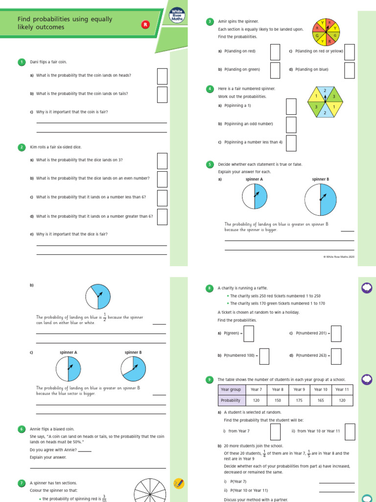 Find Probabilities Using Equally Likely Outcomes - Worksheet | PDF