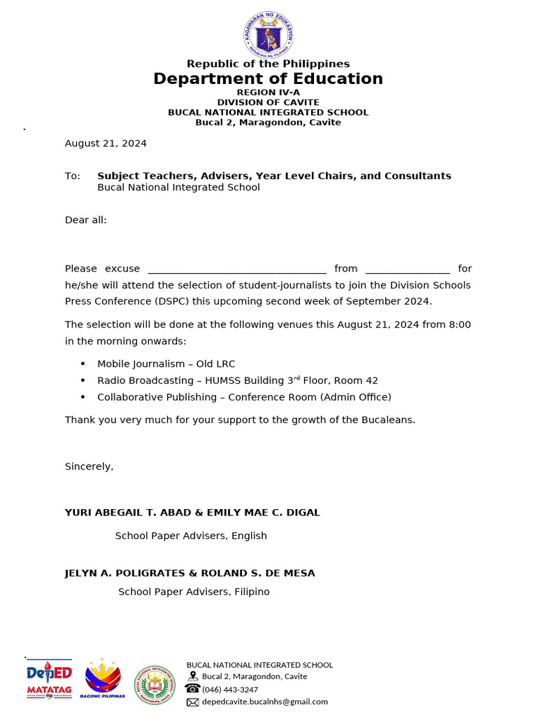 Elimination Excuse Letter | PDF