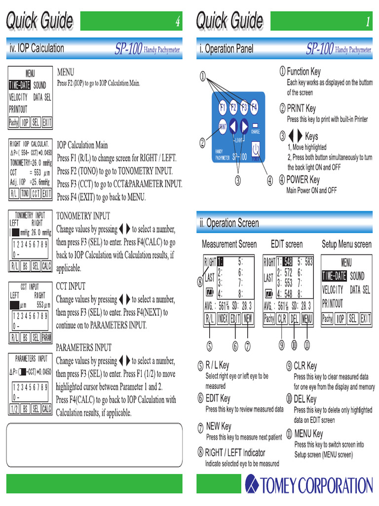 Tomey SP-100 Pachymeter - Quick Guide | PDF