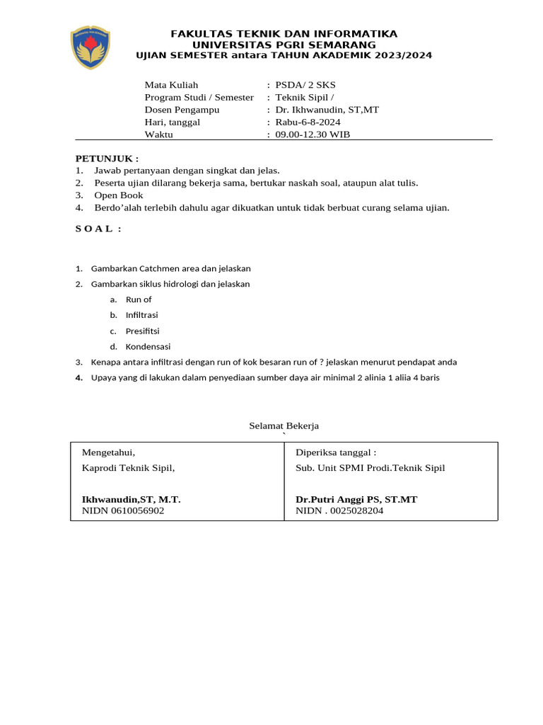 Soal UAS PSDA 2024 Antara | PDF