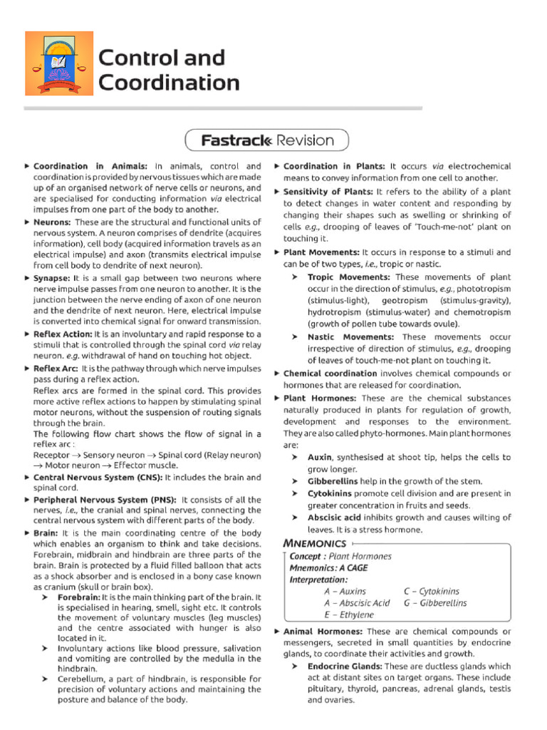 Class 10 Science Control and Coordination Study Material | PDF
