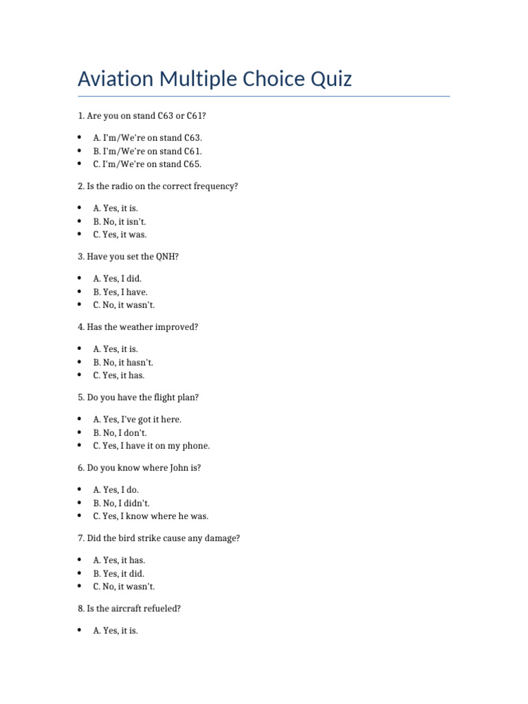 Aviation Multiple Choice Quiz | PDF | Science & Mathematics