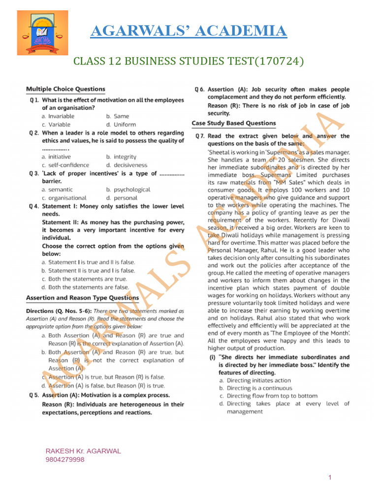 Class 12 Business Studies Directing Test | PDF