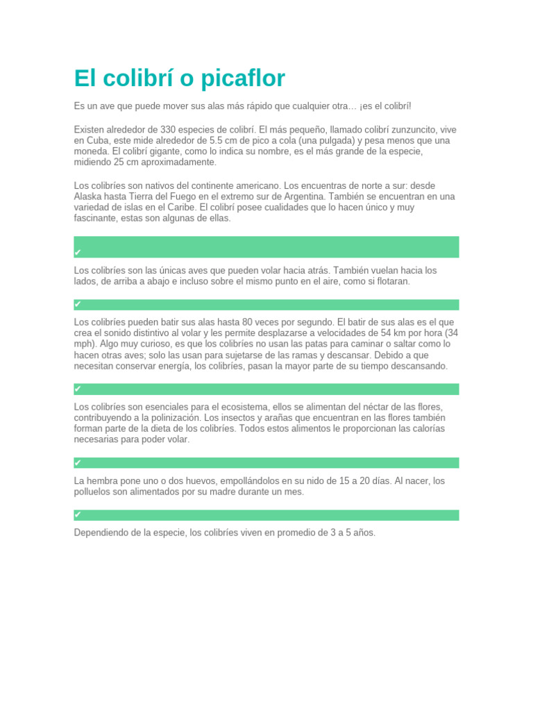 El colibrí o picaflor | PDF