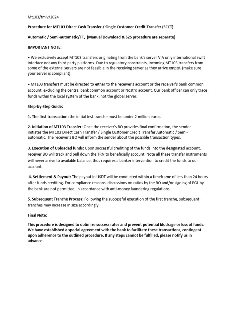 Procedure For MT103 SCCT-1 | PDF