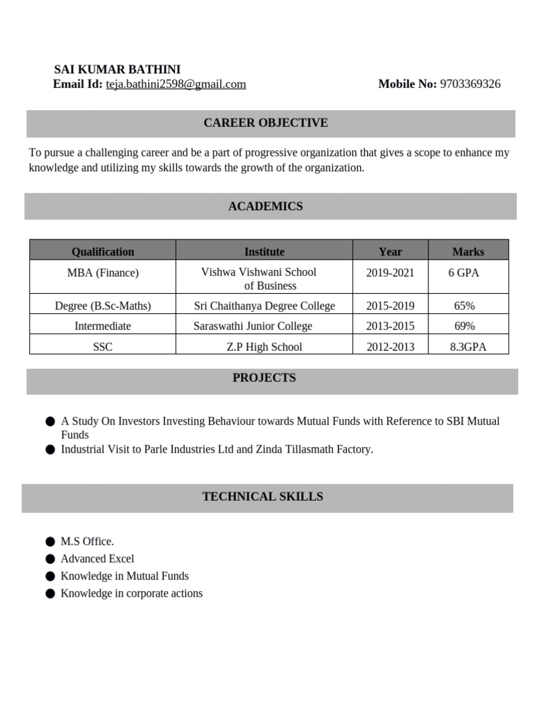Sai Resume Fresher | PDF