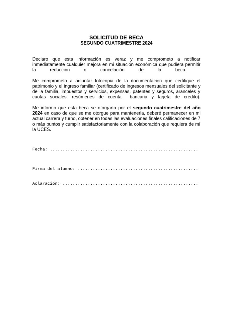 Formulario Becas Segundo Cuatrimestre 2024 | PDF