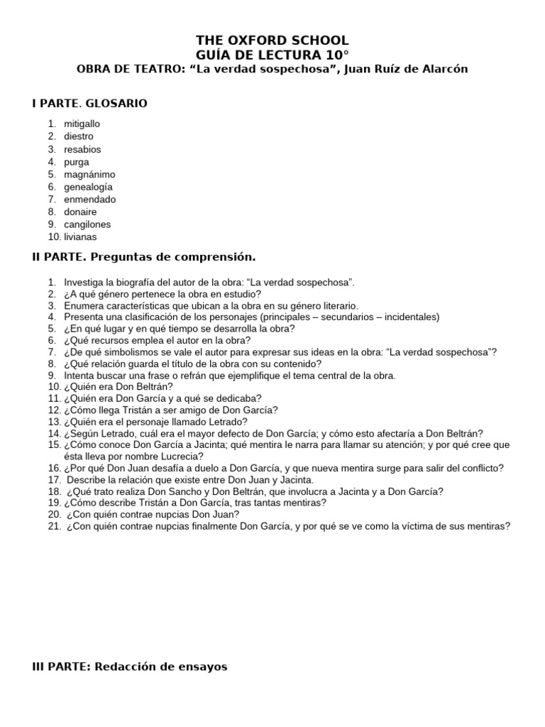 GUIA DE LECTURA. LA VERDAD SOSPECHOSA. RUIZ DE ALARCÓN - Corregido | PDF