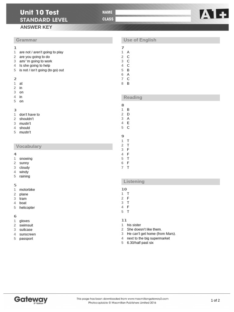 A1+ UNIT 10 Test Answer Key Standard | PDF
