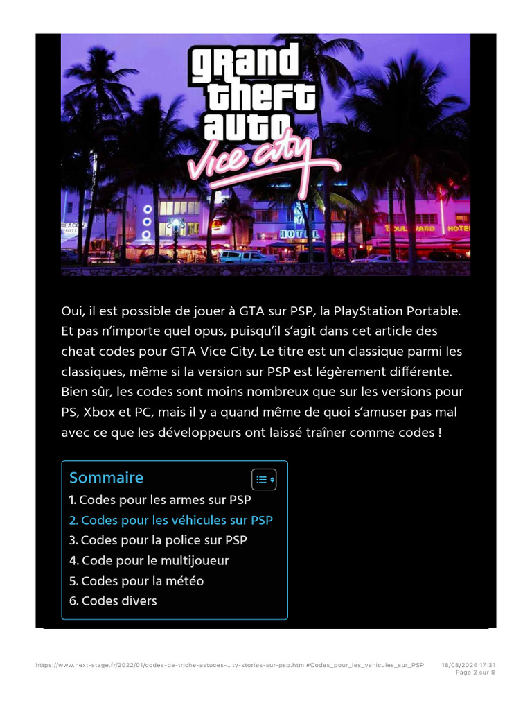 Codes de Triche & Astuces GTA Vice City Stories Sur PSP - Next Stage | PDF | Video Games ...