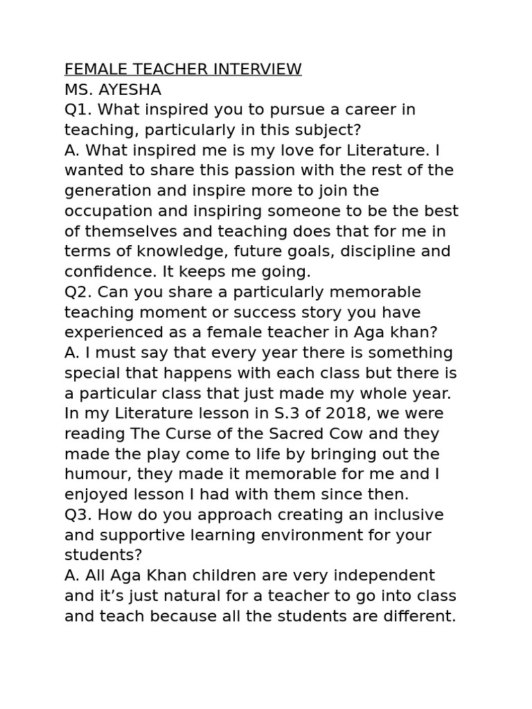 Female Teacher Interview | PDF