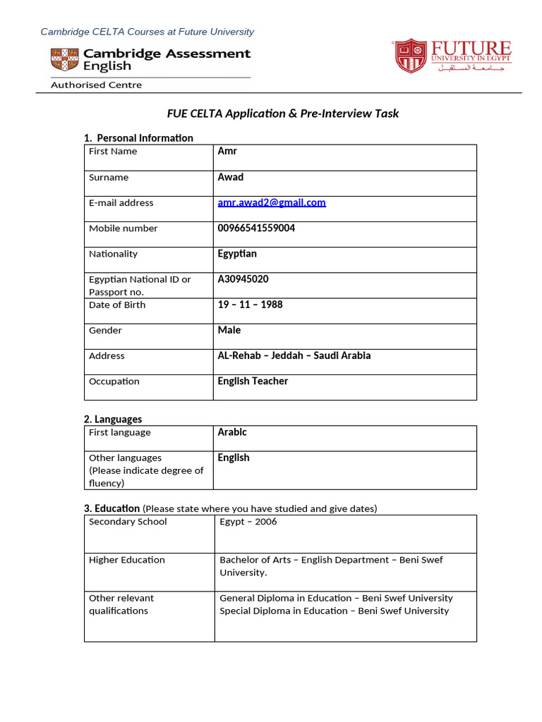 Pre-Interview Task and Application Form | PDF
