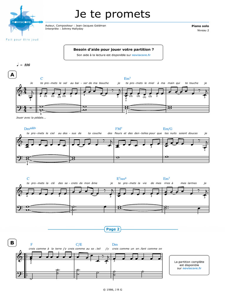Je Te Promets Johnny Hallyday Piano Solo Level 2 | PDF