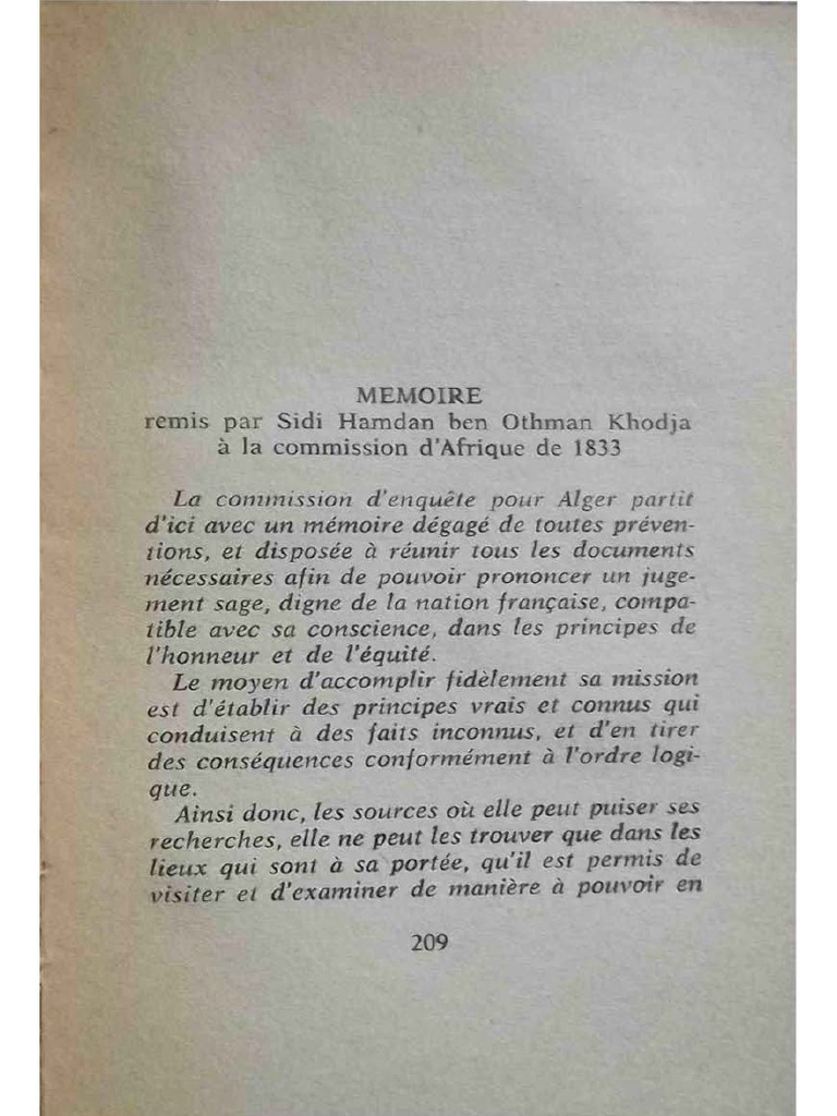 Memoire Remis Par Sidi Hamdan Ben Othman Khodja À La Commission D ...
