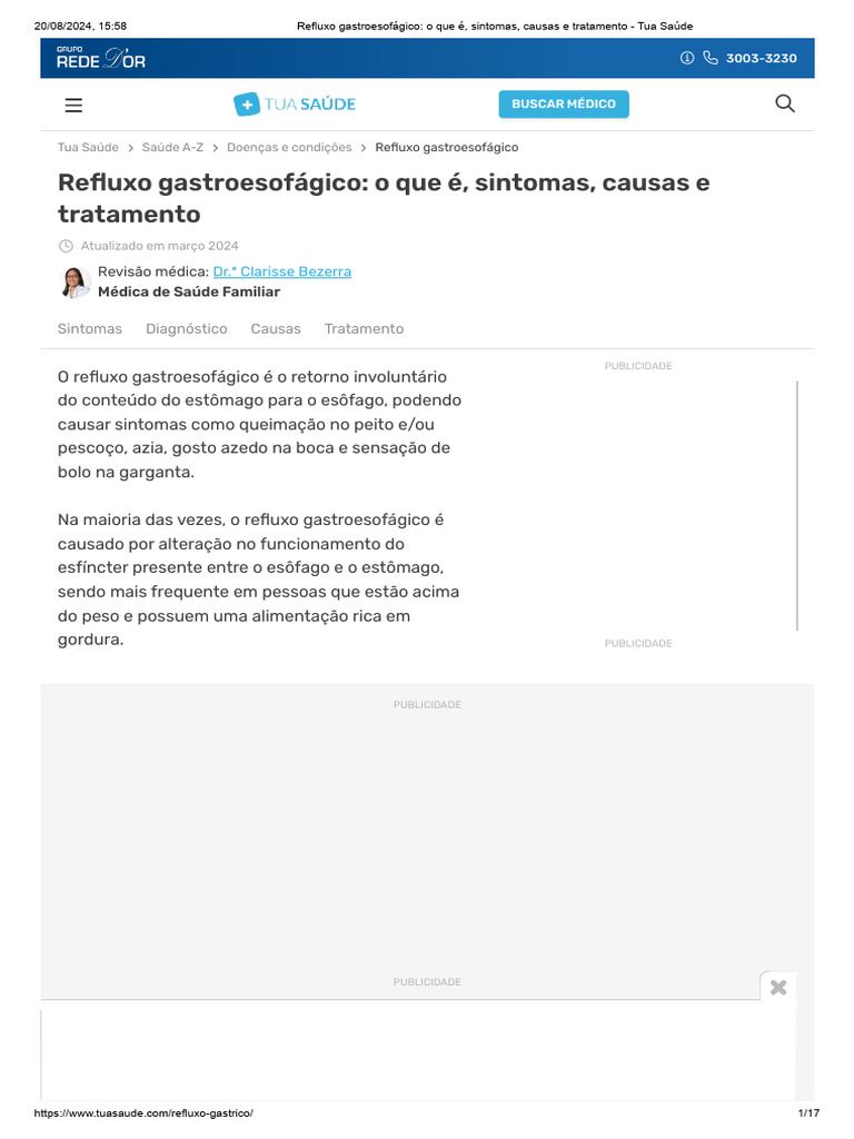 Refluxo Gastroesofágico - o Que É, Sintomas, Causas e Tratamento | PDF
