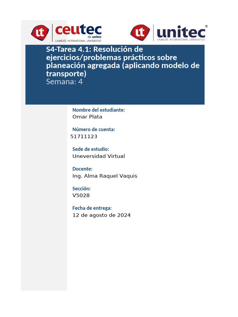 Tarea 4 1 Resolucion de Ejerciciosproblemas Practicos Sobre Planeacion Agregada Aplicando Modelo ...