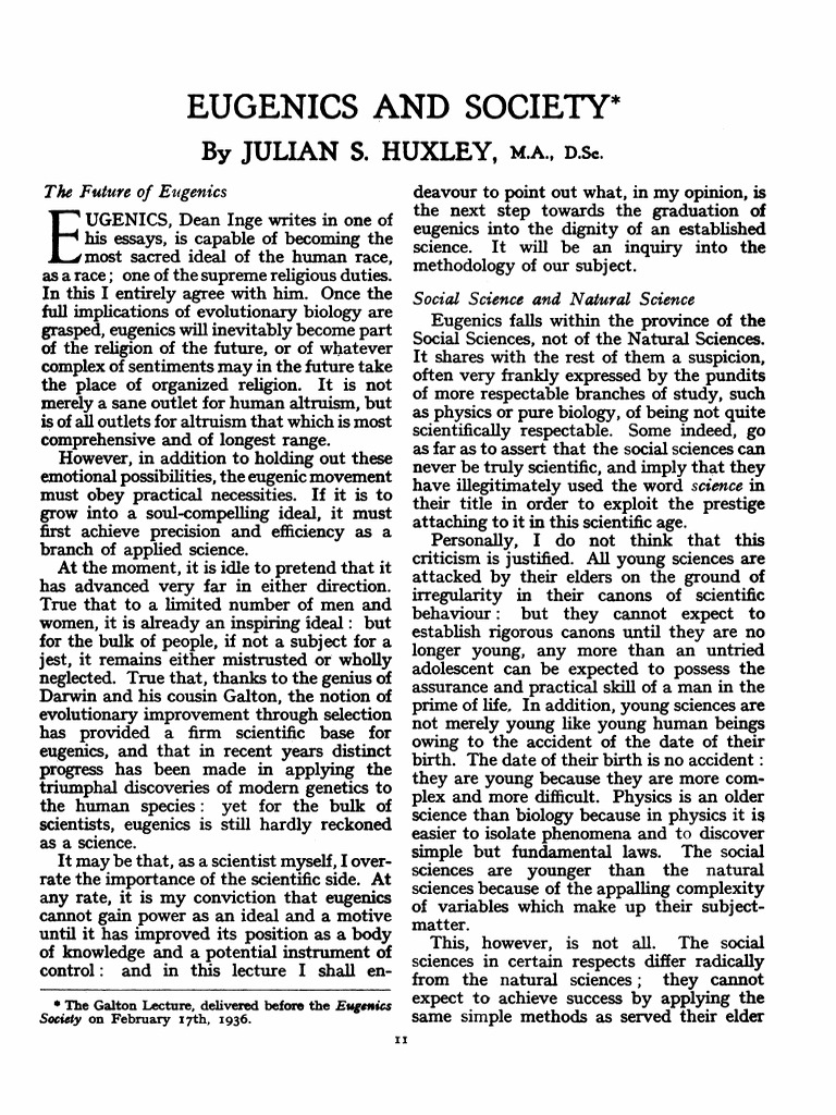 Julian Huxley 1936 Eugenics and Society | PDF | Twin | Social Science