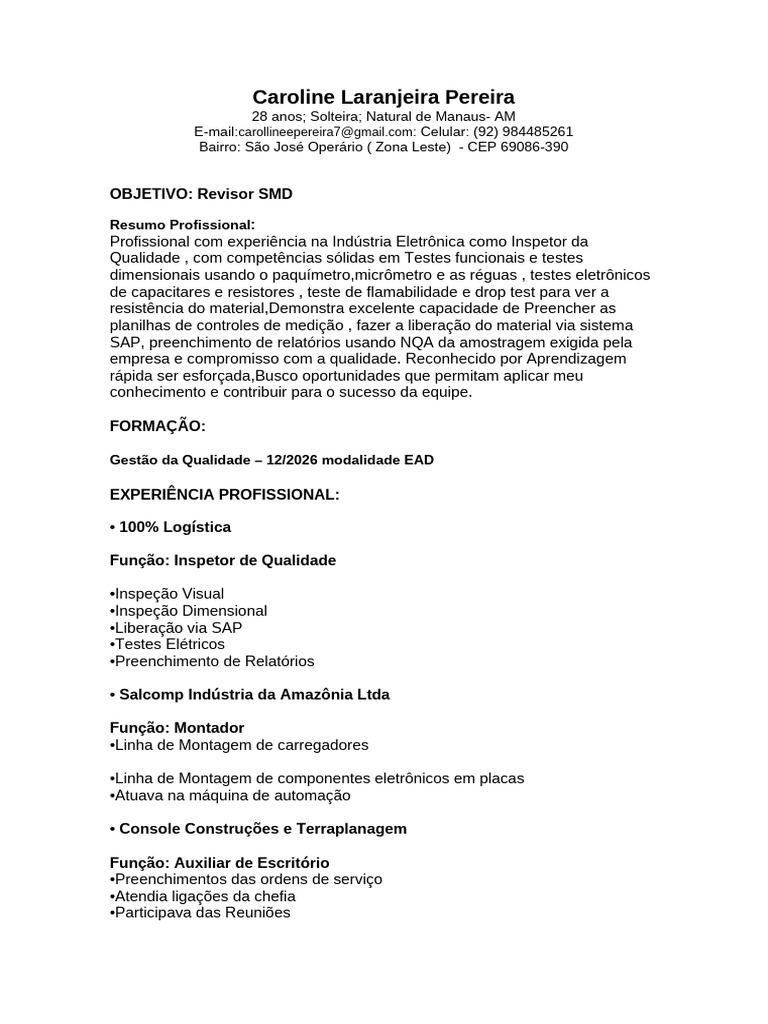 CV Caroline Pereira (Revisor) | PDF