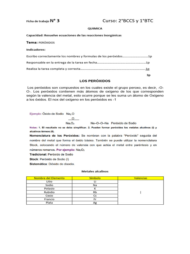 FICHA N°3 - Quimica - Peroxidos - 2° BCCS - 1°BTC - 2da Etapa | PDF