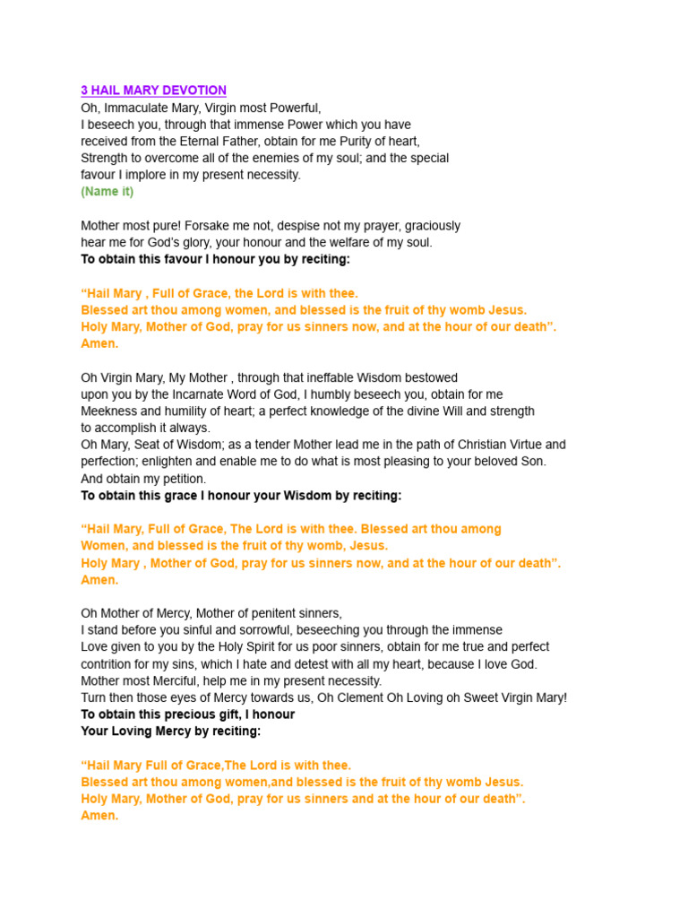 3 Hail Mary Prayer Devotion | PDF