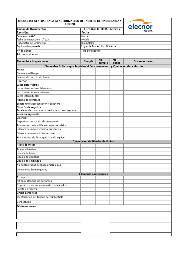 Check List Ingreso Vehiculos y Maquinaria | PDF
