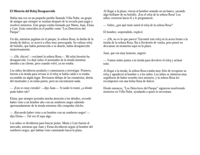 El Misterio Del Reloj Desaparecido (Cuento) | PDF