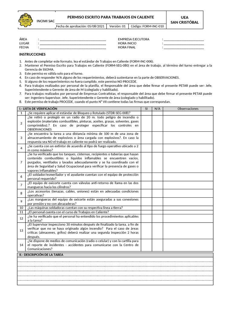 FORM-INC-010 Permiso Escrito para Trabajos en Caliente | PDF