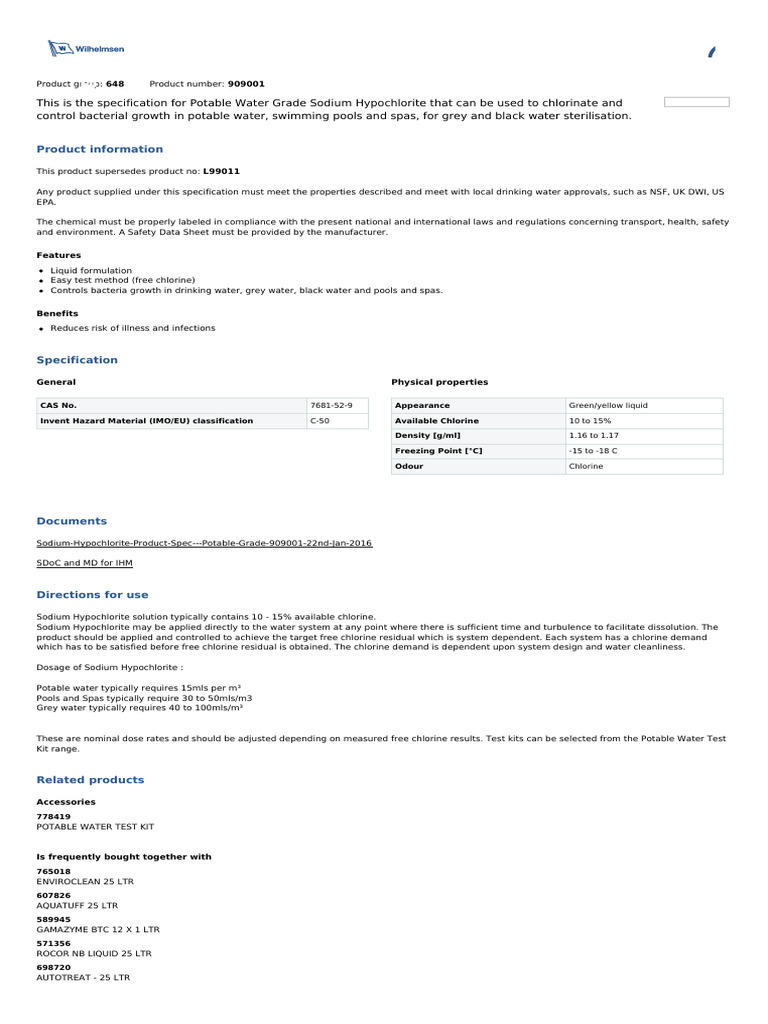 Sodium Hypochlorite Potable Grade | PDF