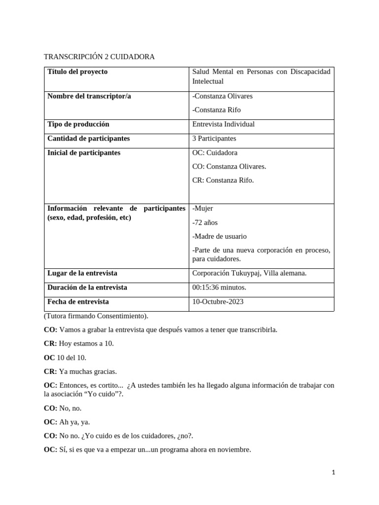 Transcripción 2 Cuidadora | PDF