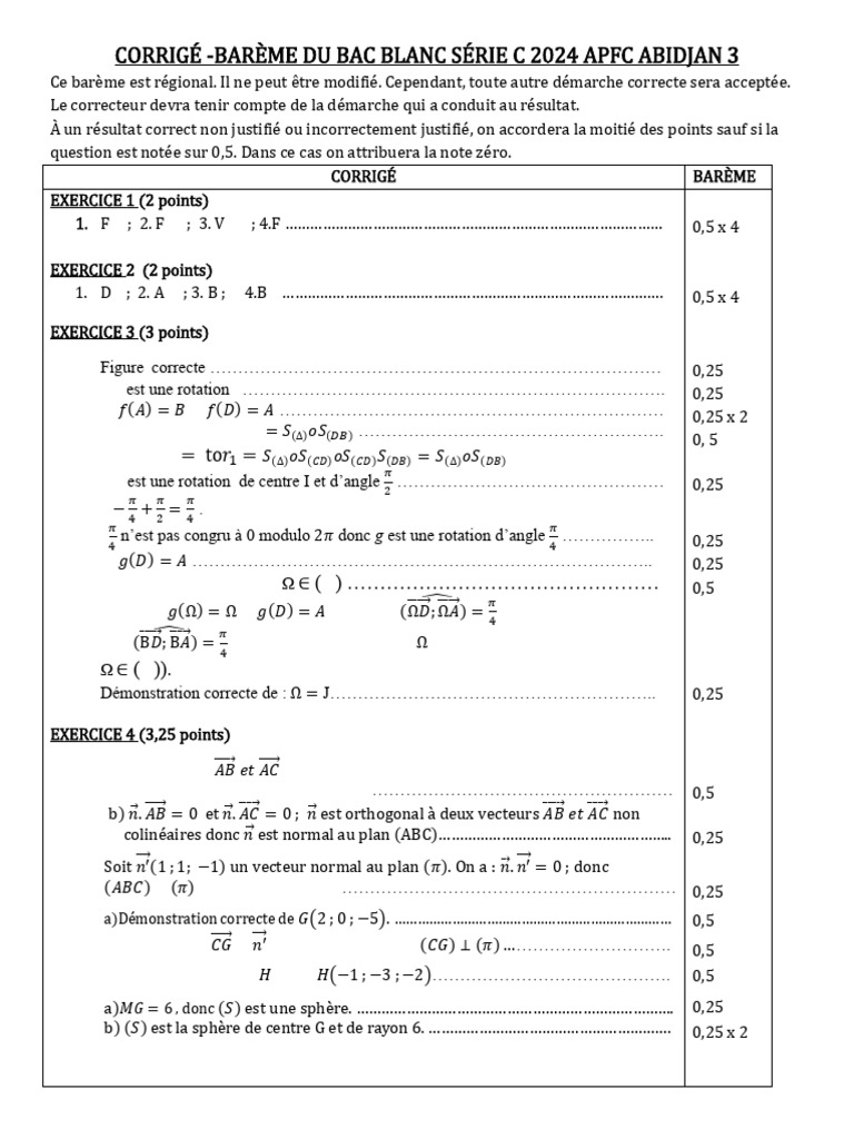 Corrigé Barème SUJET Maths SERIE C 2024 APFC ABJ 3 | PDF