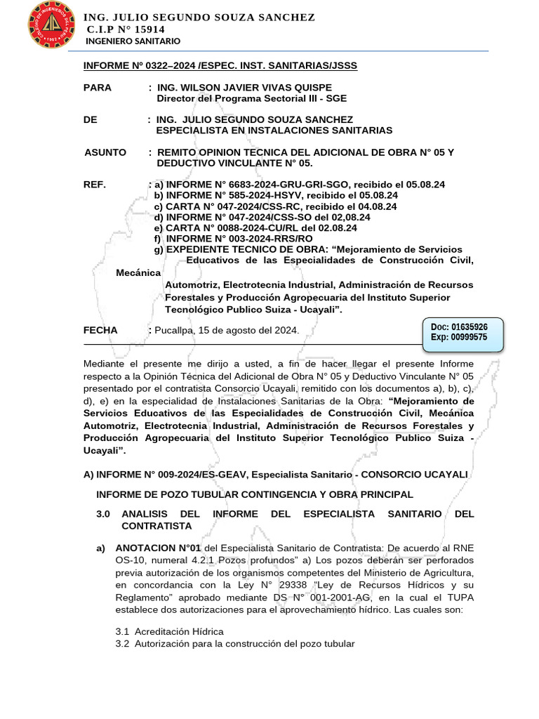 Informe #322 - 2024 - Opinion Tecnica Del Adicional N°05 y Deductivo Vinculante #05 - Instituto ...
